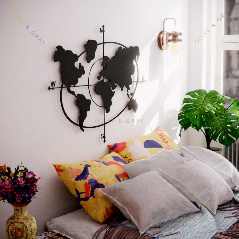 Cardinal World Map Metal Wall Art – oliveandgray